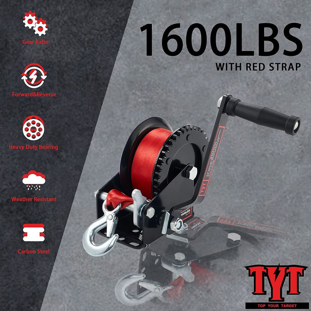 TYT 1600lb Boat Trailer Winch with 8M Red Strap, 2 Way Ratchet Hand Cr ...